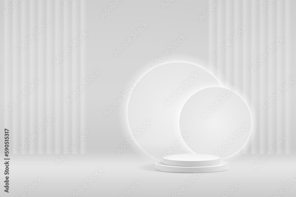 3d white stage with product stand. round grey showcase as empty mockup ...