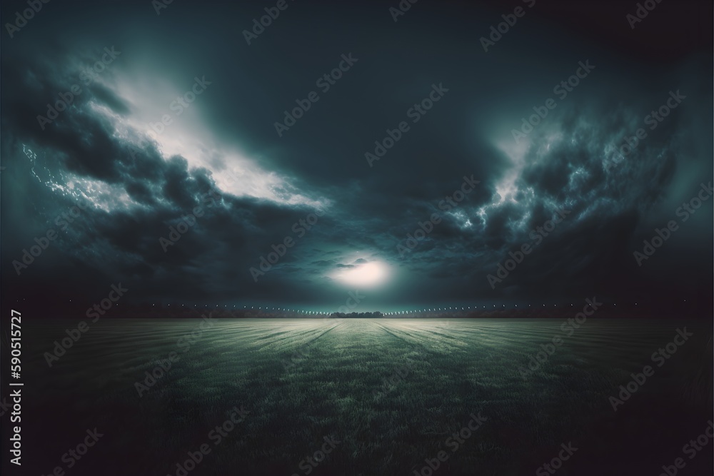 empty grass field at night with large stadium lights colorful stormy ...