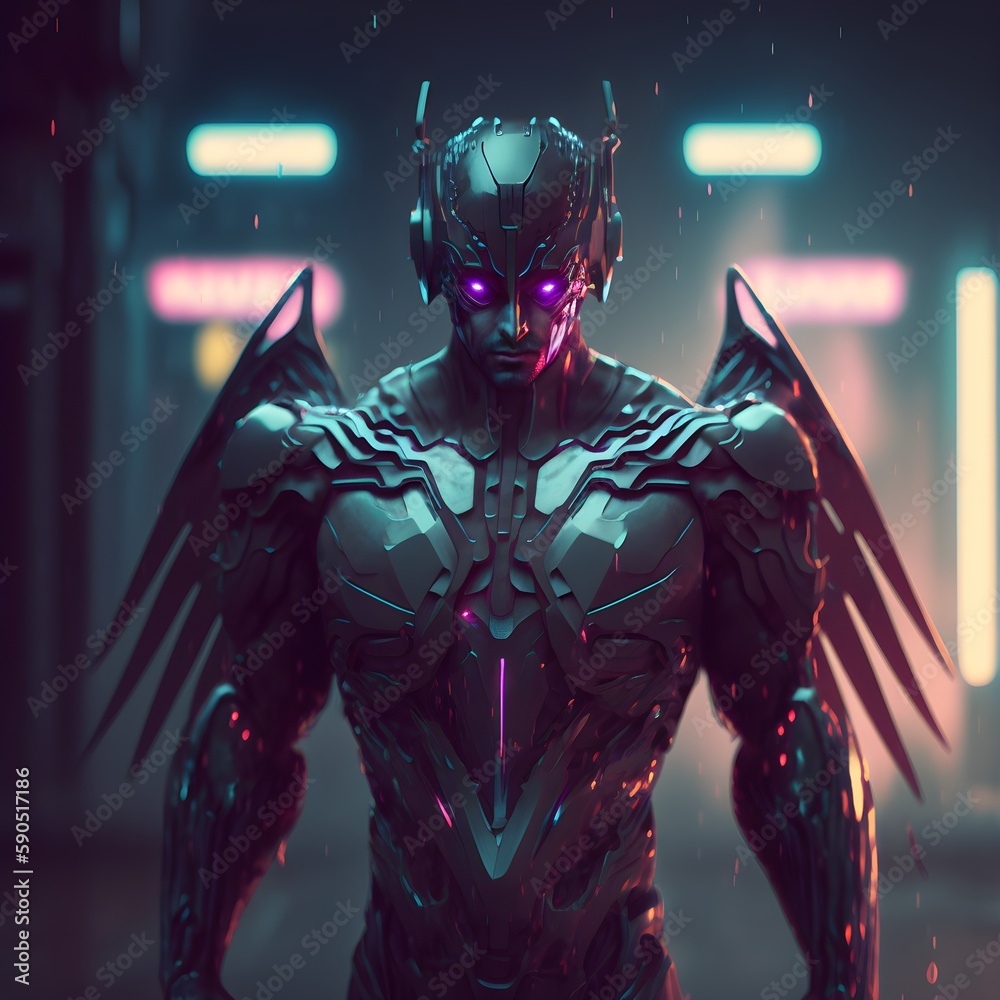 synthwave image of a full body robot man looking to the camera with ...