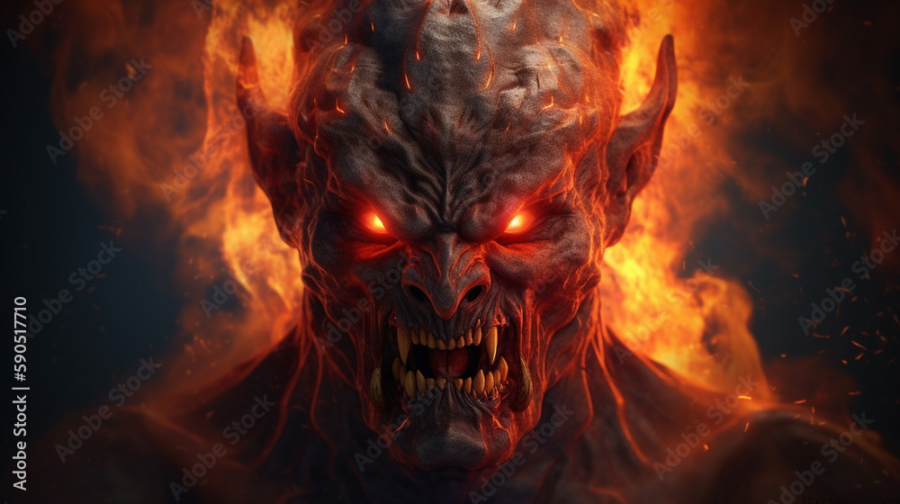 Devil in hell. Scary monster with horns on a background of fire ai ...
