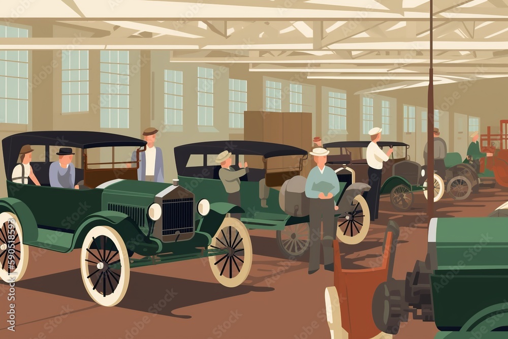 Flat illustration of Henry Ford's assembly line, with workers producing ...