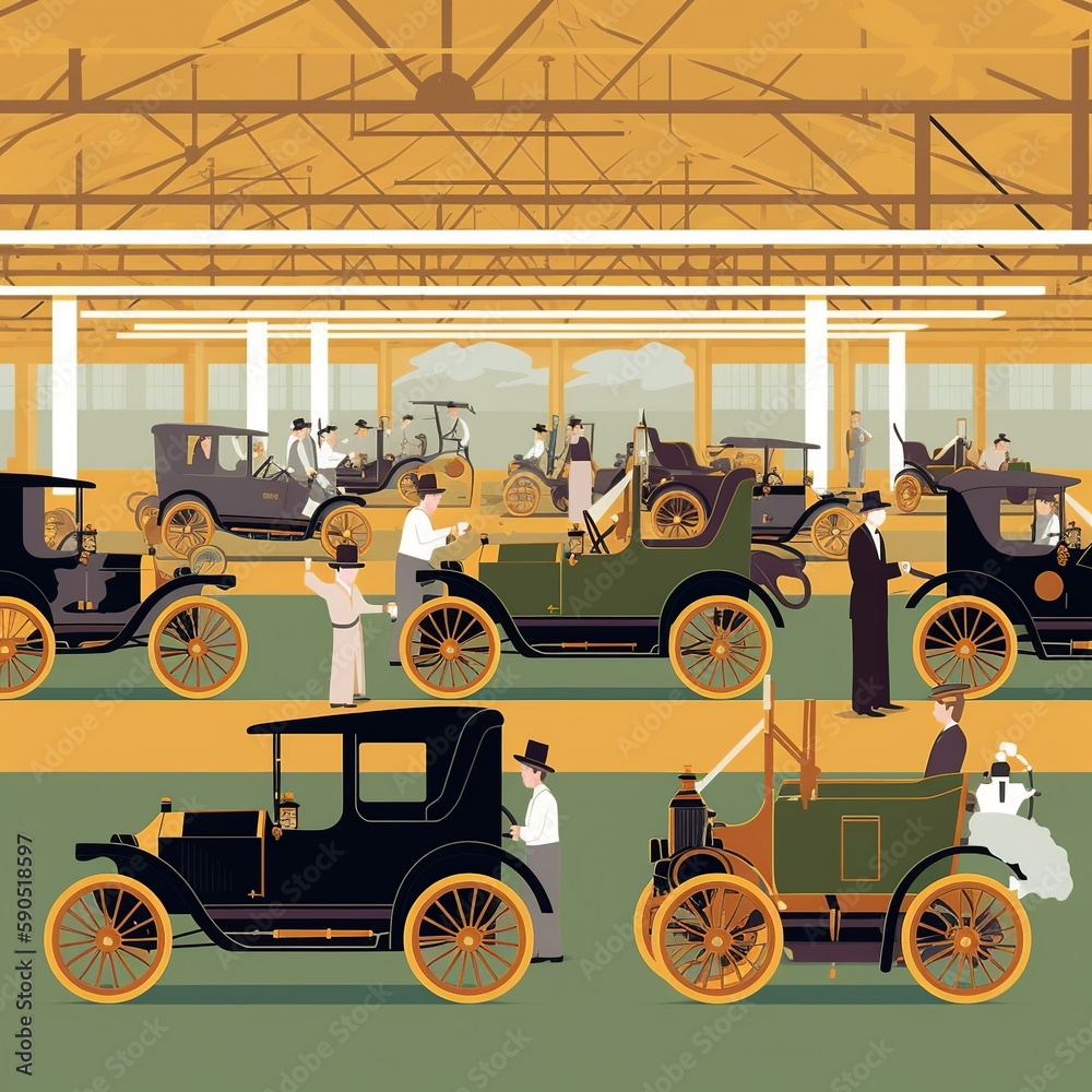 Flat illustration of Henry Ford's assembly line, with workers producing ...