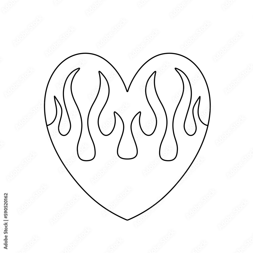 Vector isolated one single heart with fire flames inside colorless ...