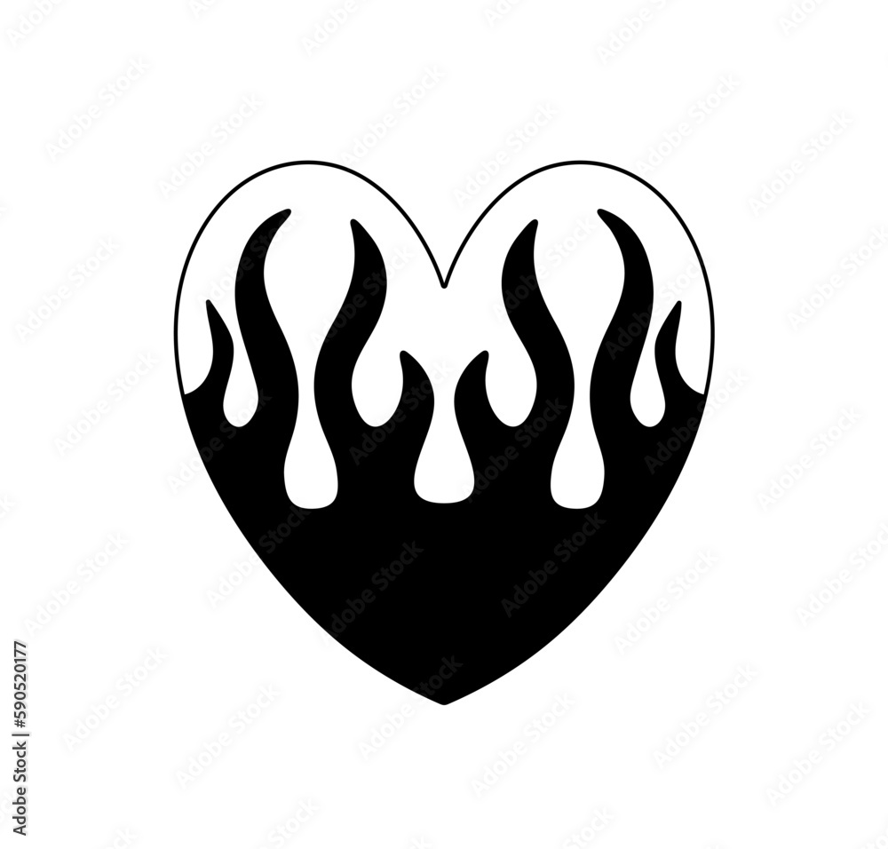 Vector isolated one single heart with fire flames inside colorless ...