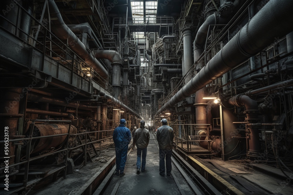 Engineers collaborating in a busy heavy industry factory, with welding ...