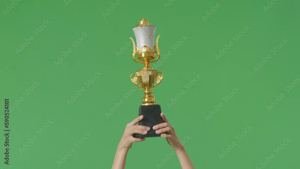 Close Up Of Female'S Hands Holding A Gold Trophy Up In The Air To ...