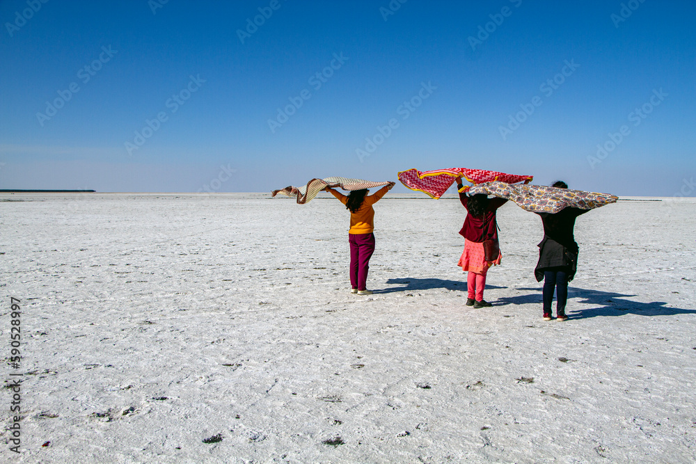 Colour in the endless white salt desert of the Rann of Kutch in Gujarat ...