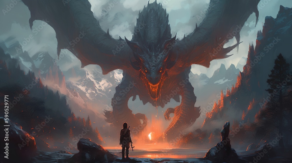 Man Standing in Front of Dragon Concept, Image Ai Generated Stock ...