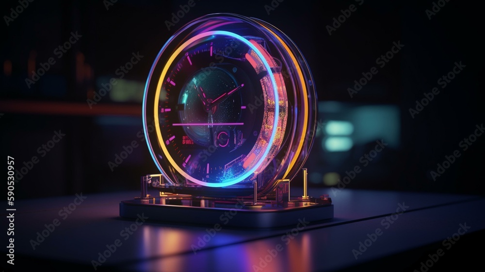 A futuristic holographic clock with a floating display that projects ...