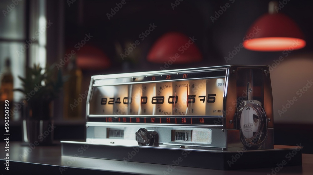 A vintage flip clock with a silver casing and black numbers, set against a backdrop of a retro ...