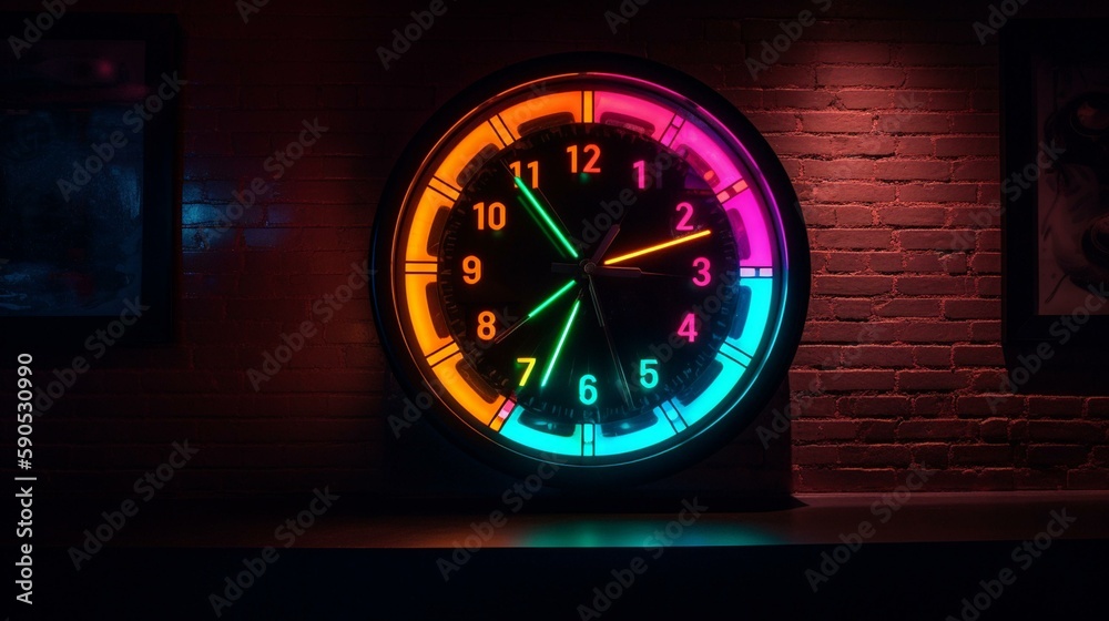 A colorful neon clock with glowing numbers and a sleek black casing ...