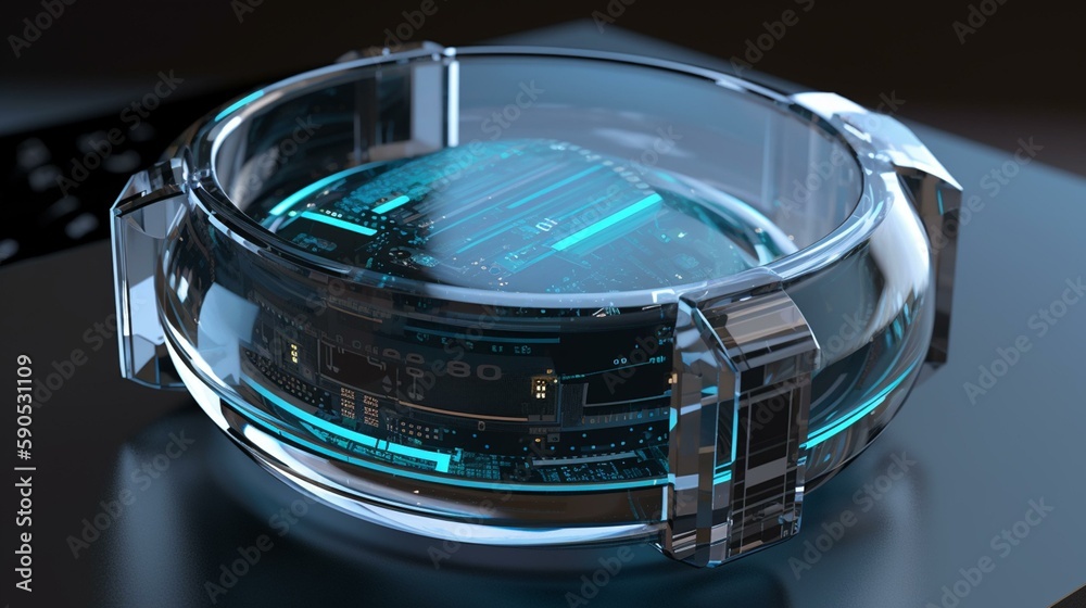 A futuristic wristwatch with a holographic display that projects the ...