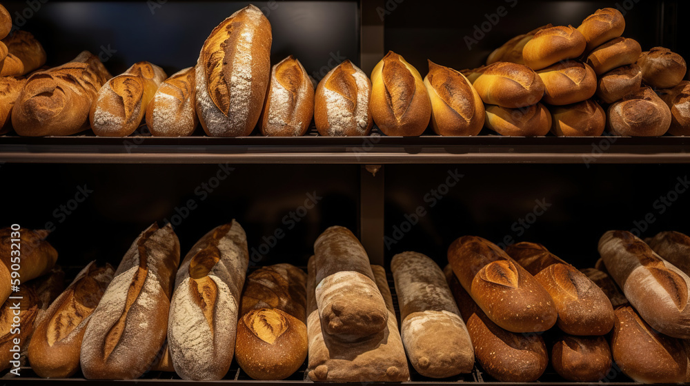 Delicious loaves of bread in a baker shop. Different types of bread ...