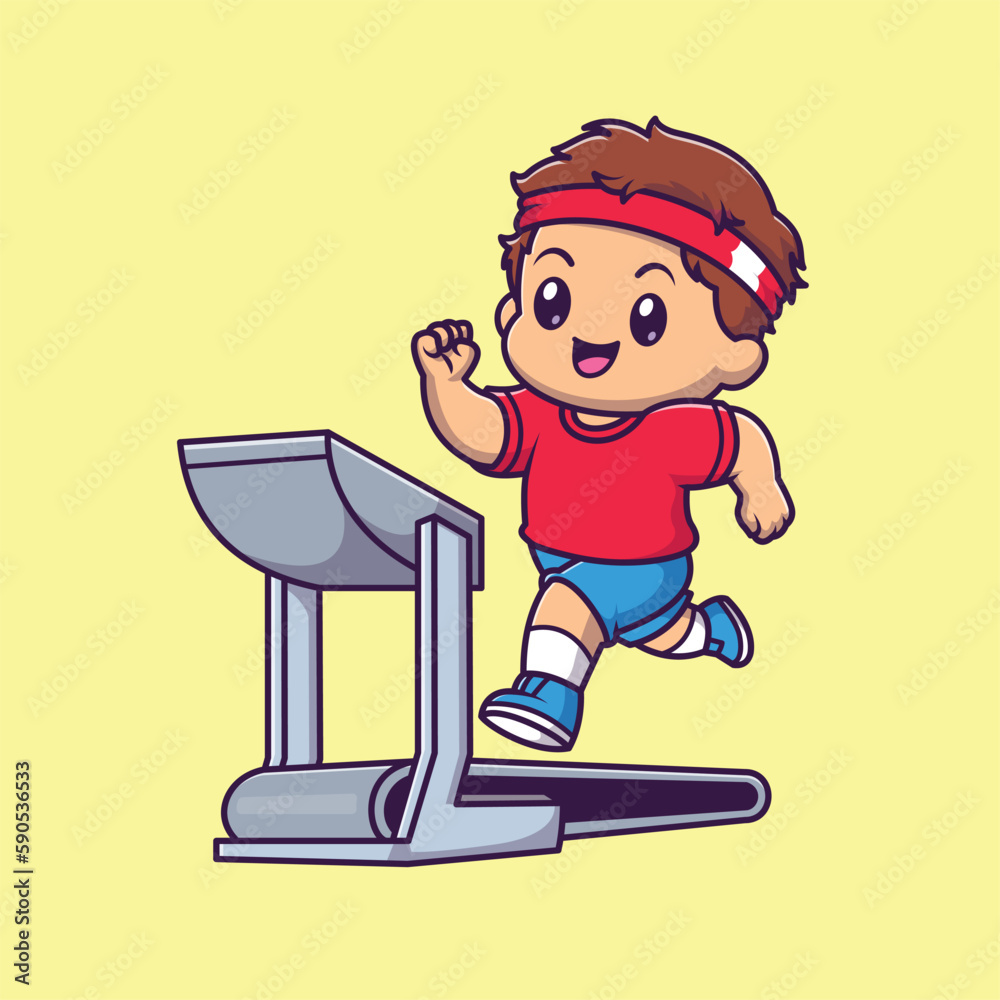 cute boy running on treadmill cartoon vector icon illustration people ...