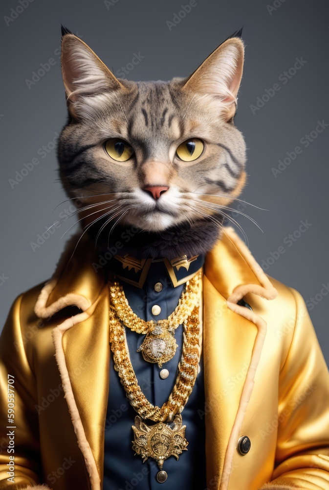Anthropomorphic cat in golden jacket and jewelry. Successful and rich ...