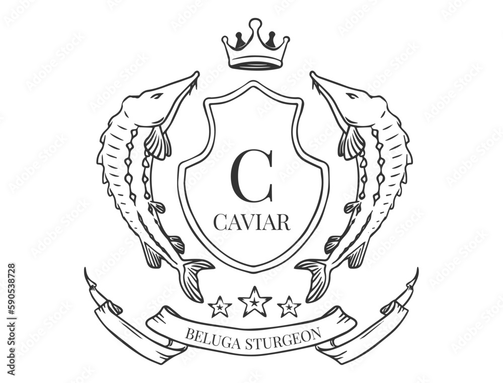 heraldic design, coat of arm vector of beluga sturgeon fish for caviar ...