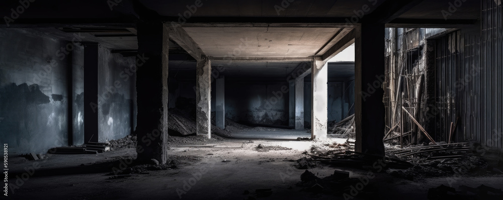Inside a dark and dim abandoned building construction site. Dark and ...