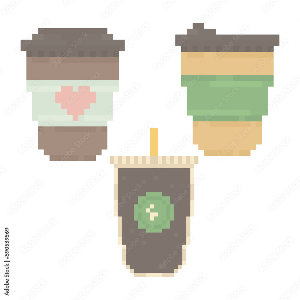 Cute Coffee Cafe Drink Doodle in Pixel Art Illustration Stock Vector ...