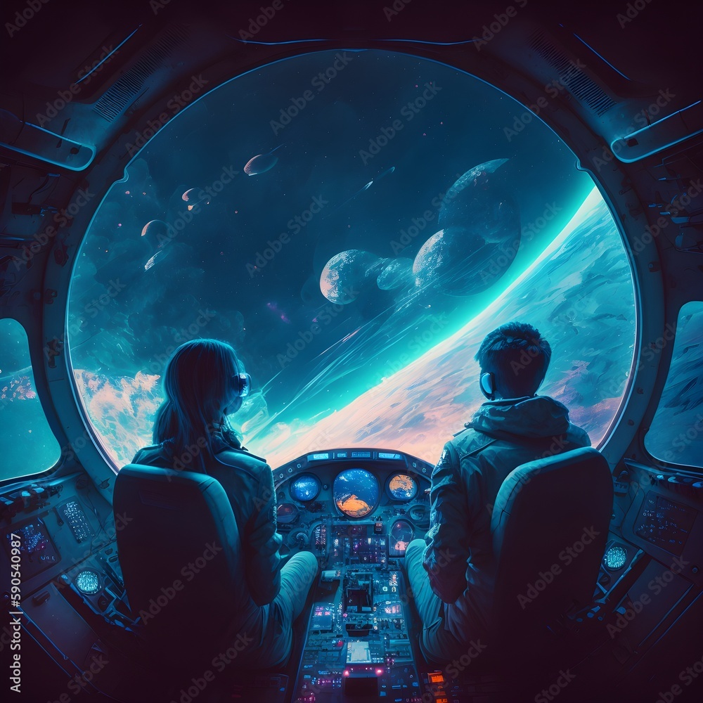 two people inside the cockpit of a spaceship science fiction technocore ...
