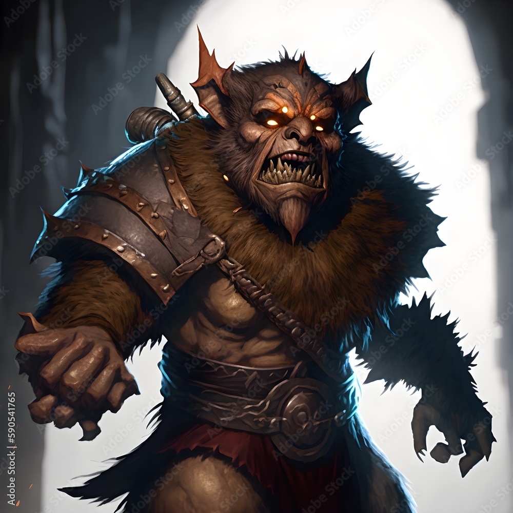 Bugbear dnd creature with brown orange fur adventurer dramatic lighting octane render ps5 ...