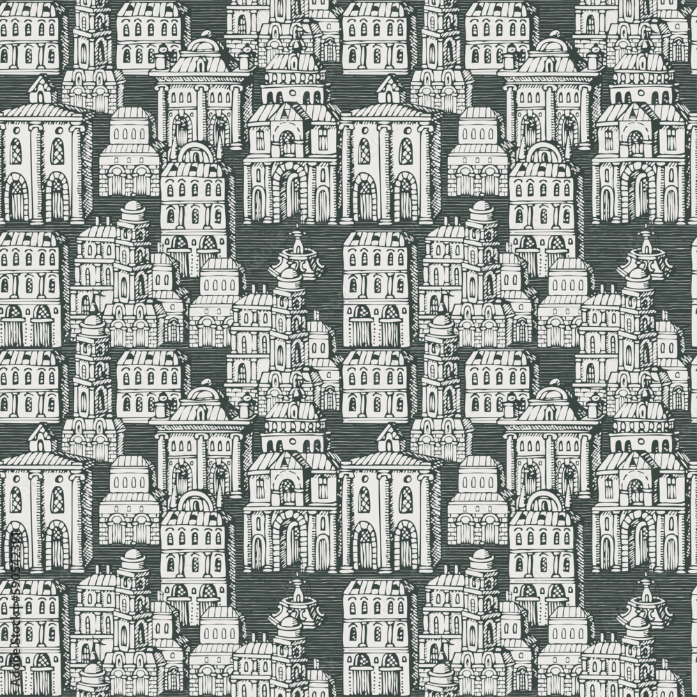 Vector seamless pattern with old hand drawn houses in retro style ...