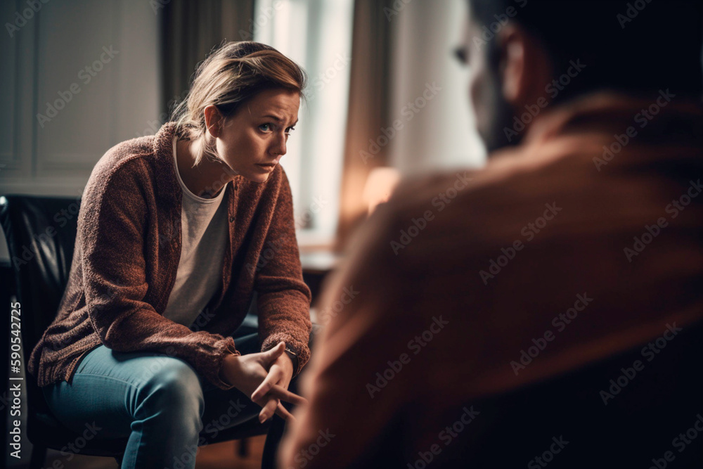 Over the shoulder view of a woman with mental health problems, having a ...