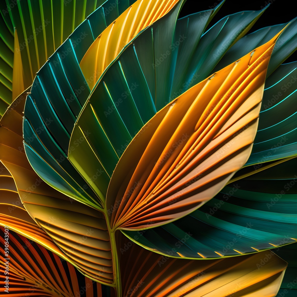 A closeup photograph of individual palm leaves with vibrant colors of ...
