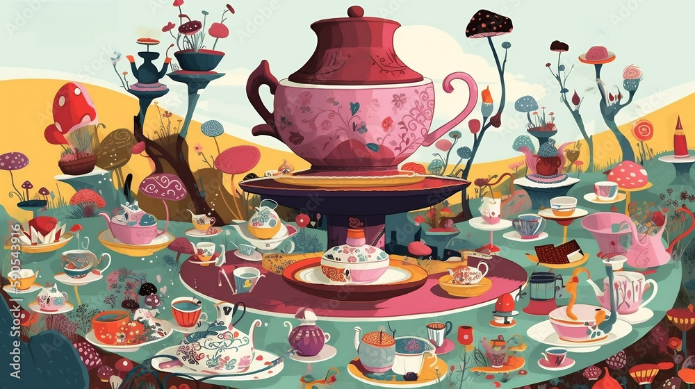 Giant tea party: create a Wonderland landscape that features a giant ...