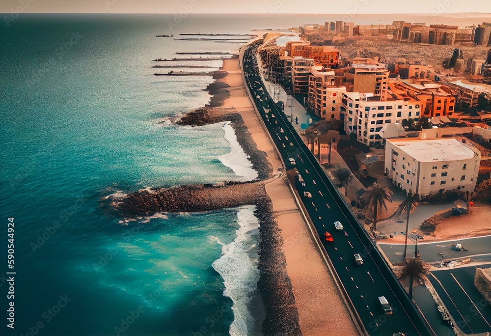 Overhead perspective of Jeddah's shoreline along the Red Sea ...