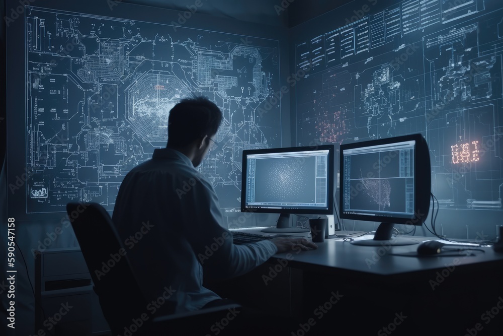 Behind Angle of Computer Aided Engineering Businessman Working in an ...