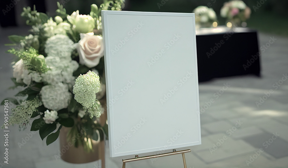 Blank empty clean modern wedding whiteboard mock up with natural leaves ...