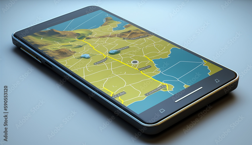 Smartphone with map, 3D Map pins, GPS, navigator pin checking points ...