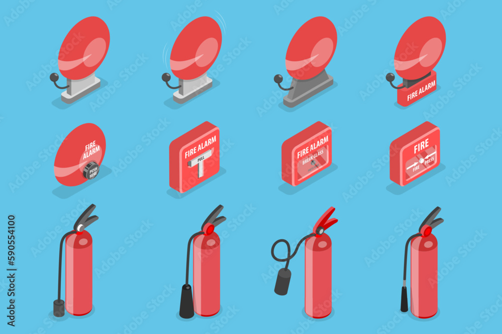 3D Isometric Flat Vector Set of Fire Alarm Equipment, Prevention ...