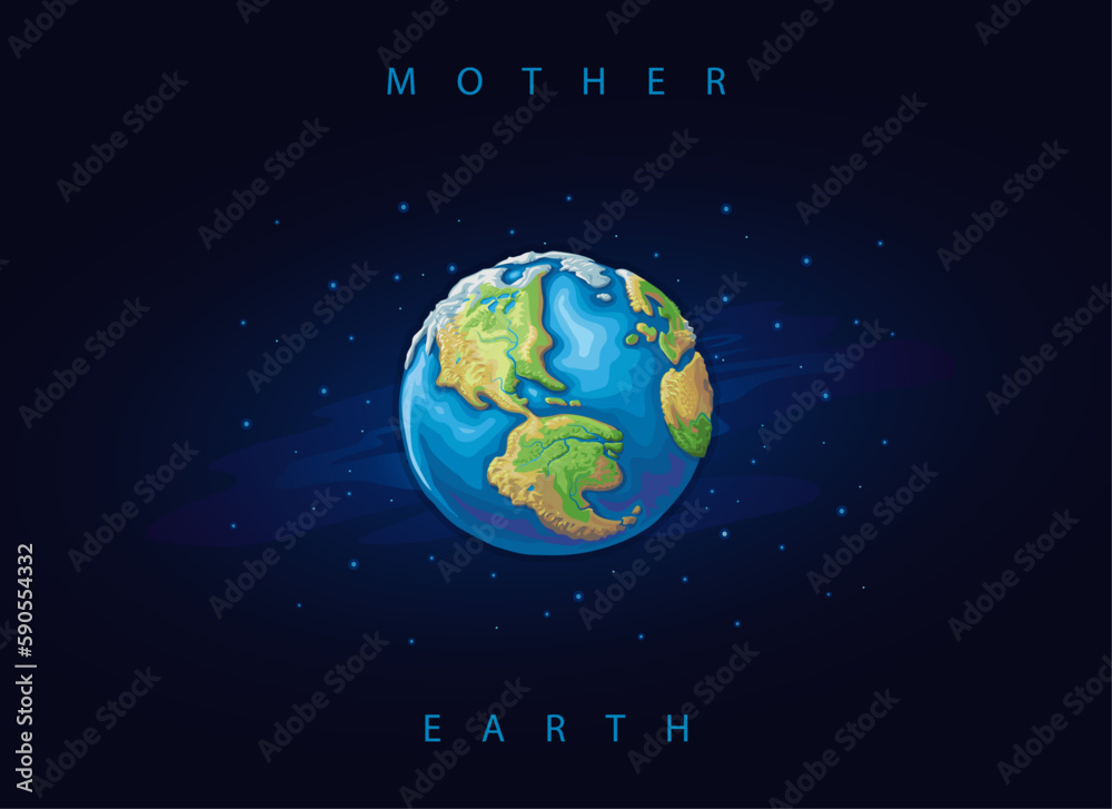 Vector illustrated western hemisphere of the planet Earth on starry sky ...