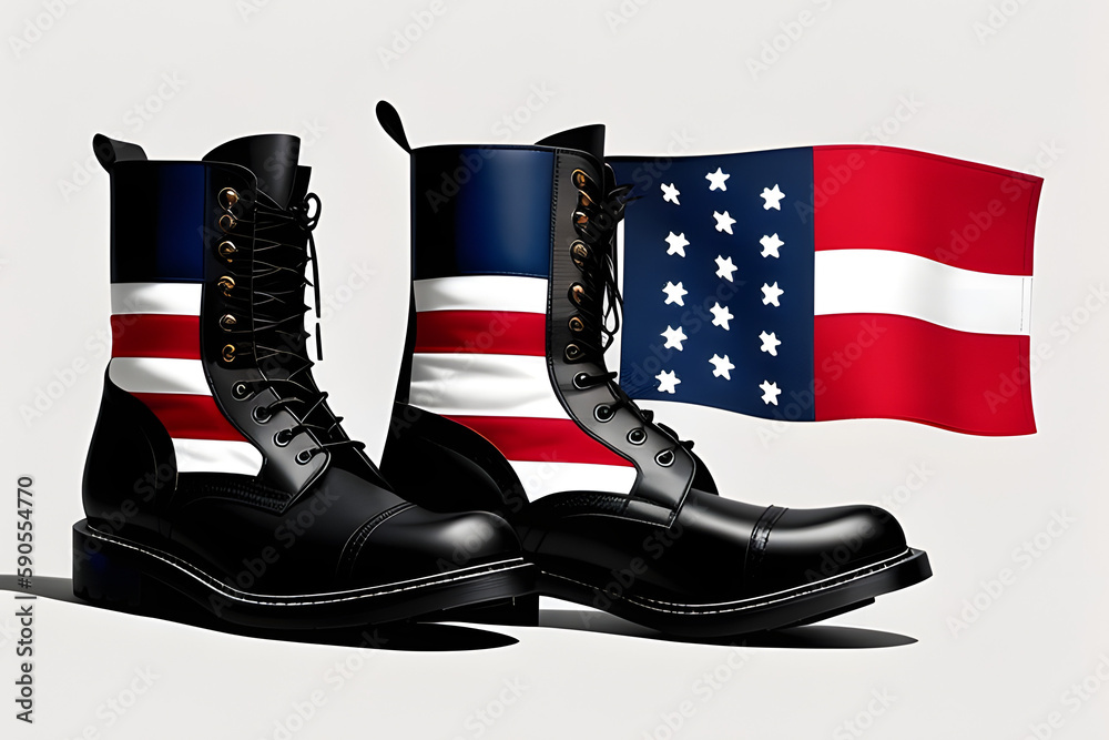 Military boots with flags of usa on white background, with copy space ...