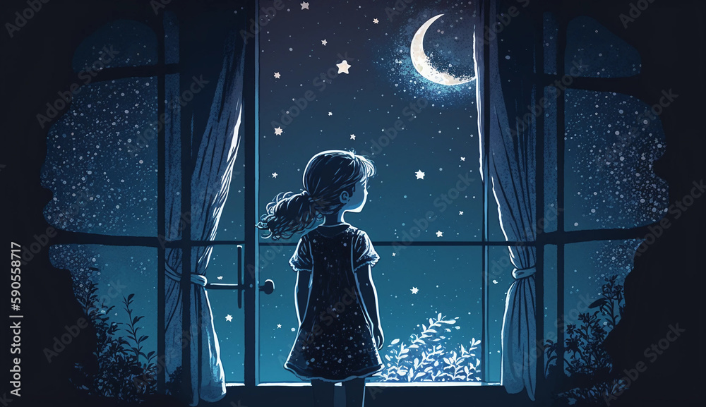 Young Girl Gazing at Starry Night Sky Through Window Stock Illustration ...