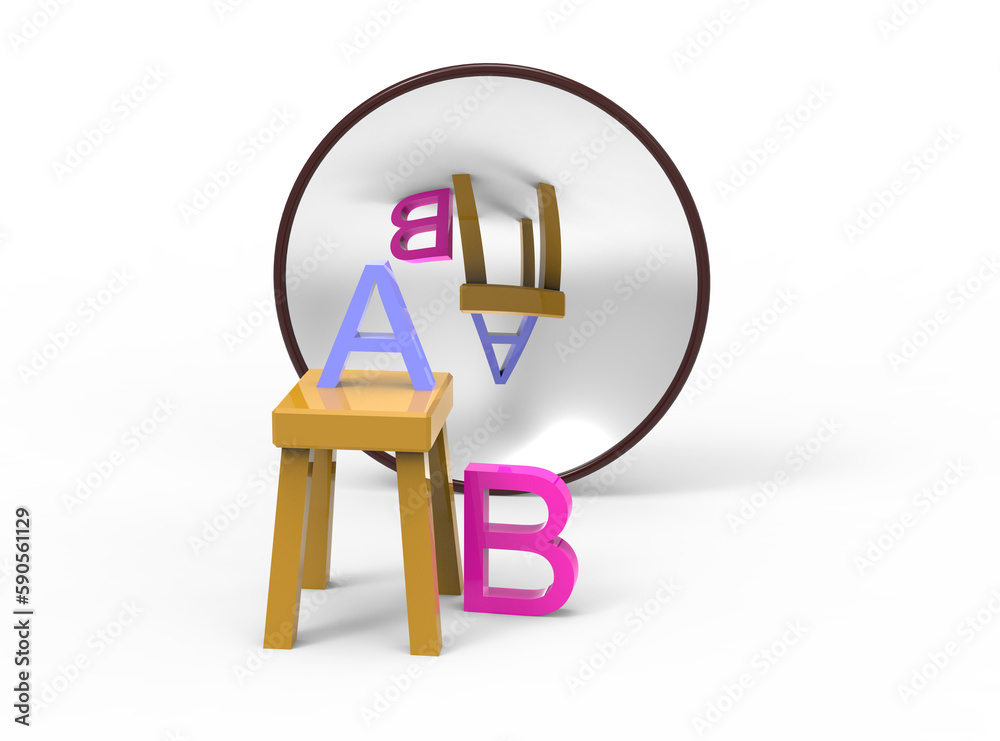 3D illustration of a stool, a letter A, and a letter B in front of a ...