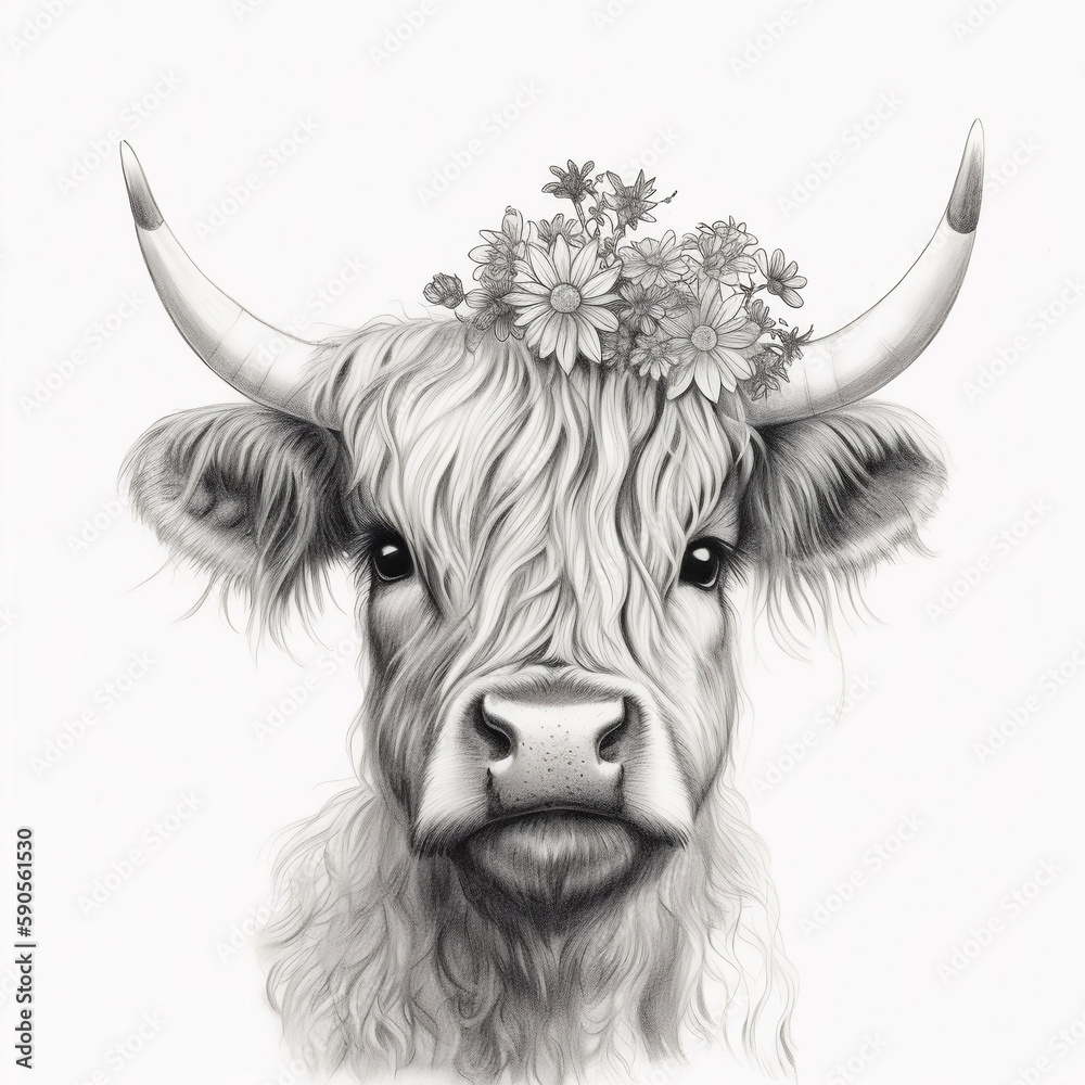 A Pencil Sketch of a Baby Highland Cow with Wildflowers - Nursery Art ...