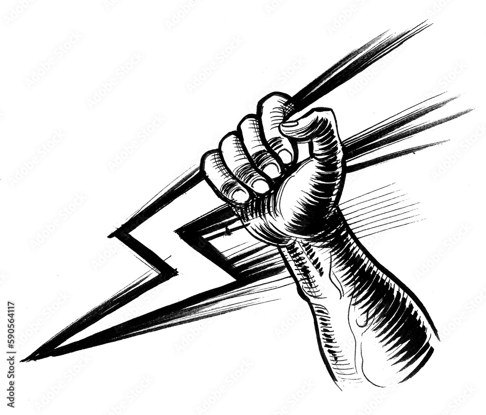 Hand striking with lighting bolt. Ink black and white drawing Stock ...