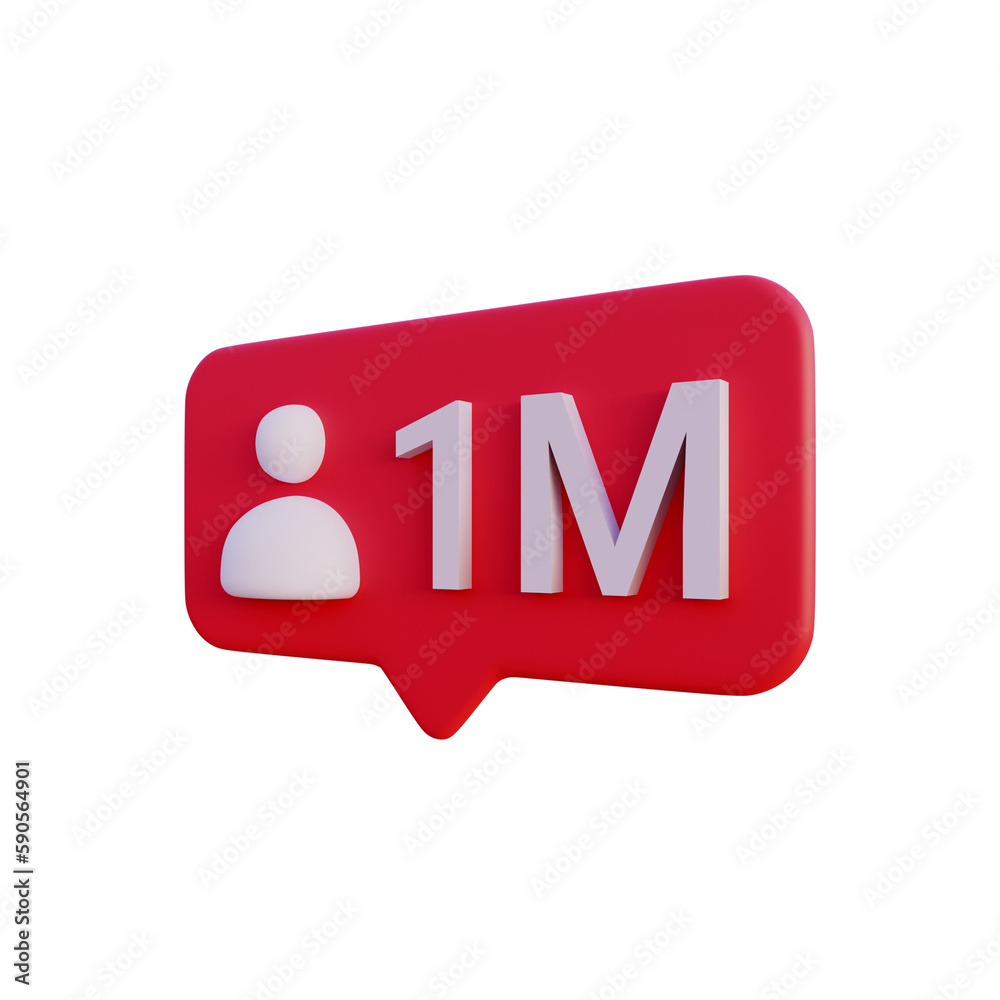 Social media 1 million follow icon notification 3d render isolated side ...