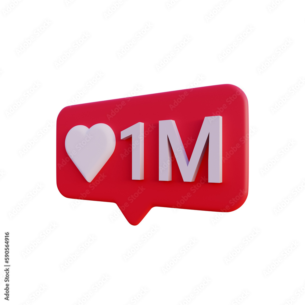 Social media 1 million like love icon notification 3d render isolated side view PNG transparent ...