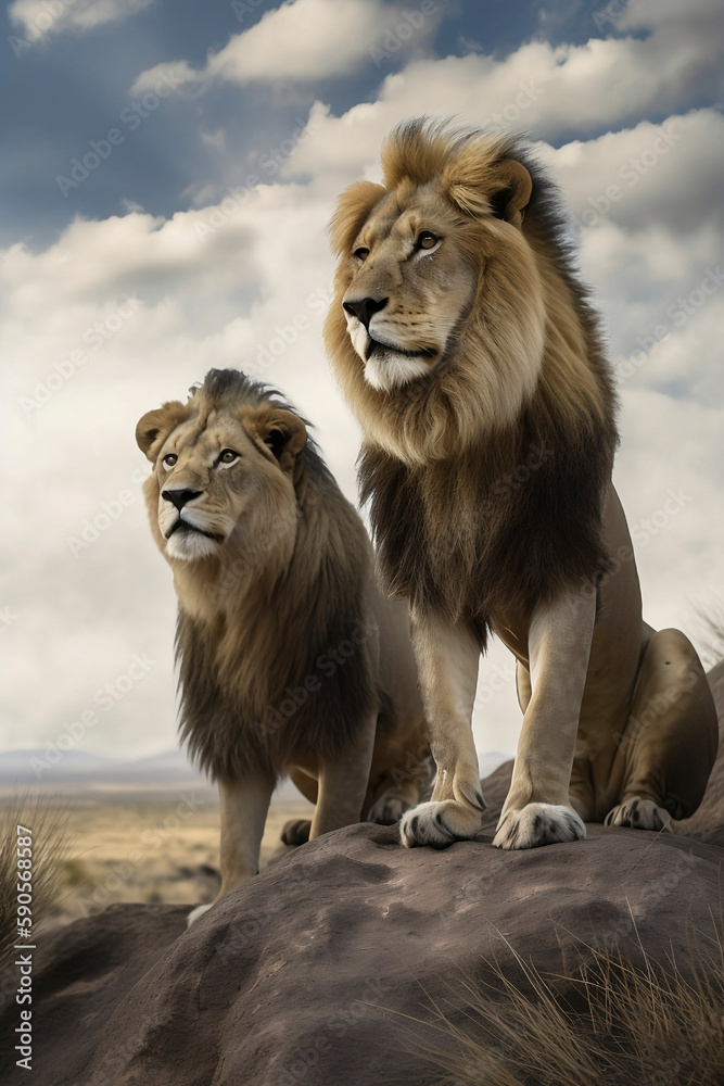 Photorealistic Image of The Kings of the Savannah, Two Lion Brothers ...
