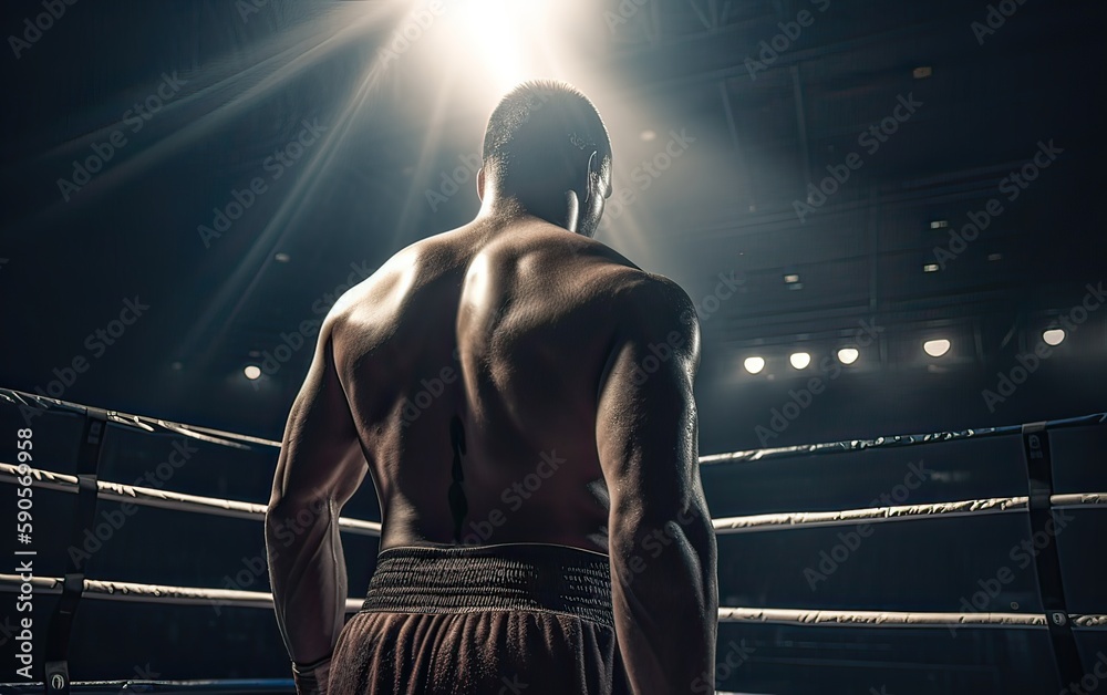 Boxing champion standing on arena. Rear view of shirtless man in boxing ...