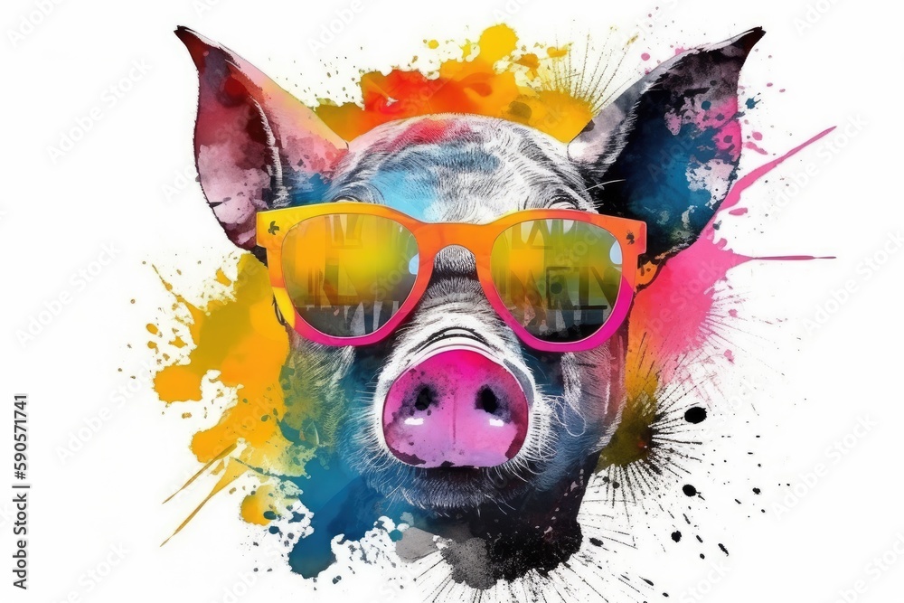 pig in sunglasses realistic with paint splatter abstract Stock ...