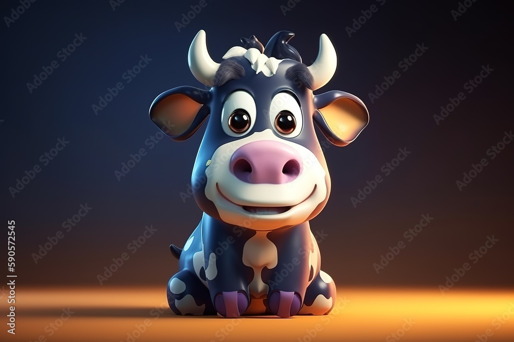 Cute small cow contrast colored sitting smiling. Adorable baby cow in ...