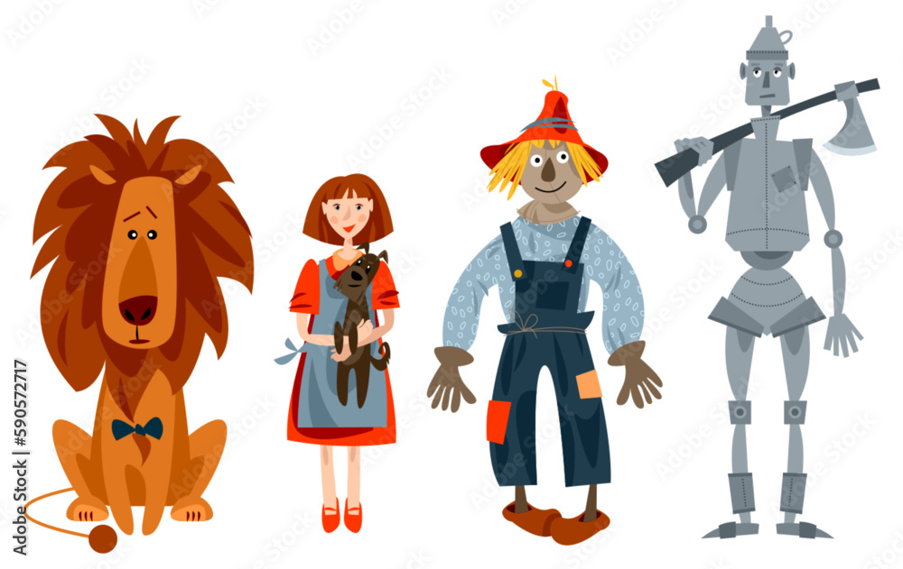 Lion, girl holding dog in her arms, Scarecrow and Tin Man. Сharacters ...