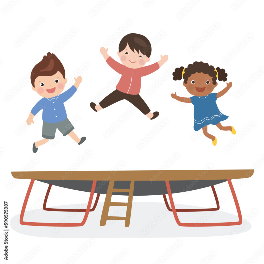 Cute multiethnic kids jumping on trampoline. Various children ...