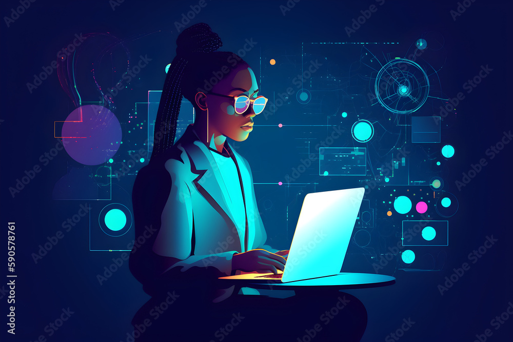 Flat vector illustration African woman with laptop and glasses, blue ...