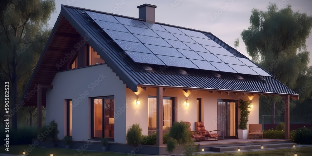 Modern house with solar photovoltaic panels on the roof. 3D rendering ...