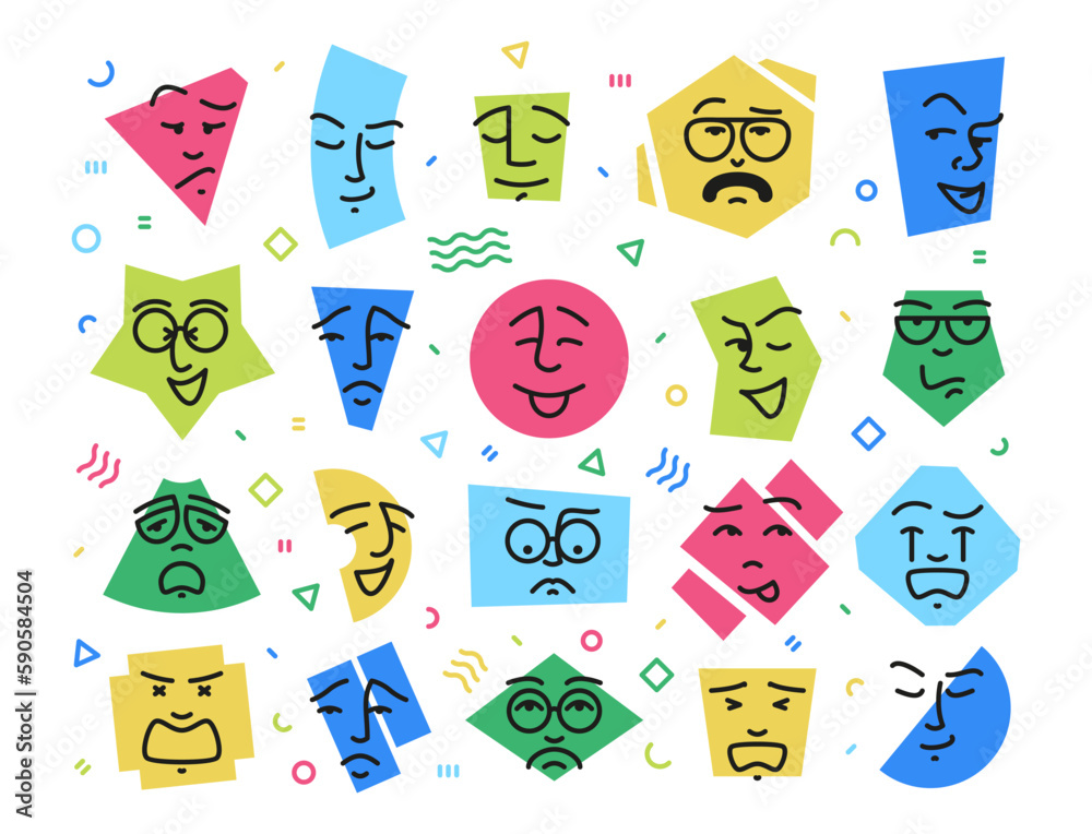 Doodle shapes with faces. Happy angry scared laughing smile angry ...